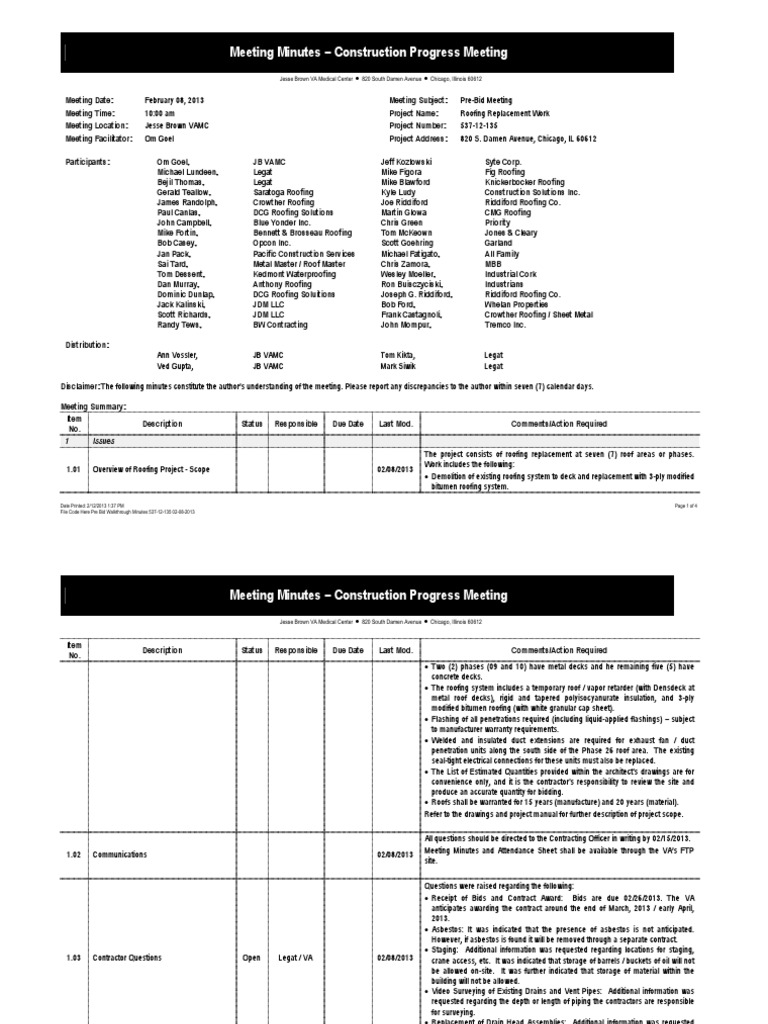 Meeting Minutes - Construction Progress Meeting | PDF | Roof | Elevator