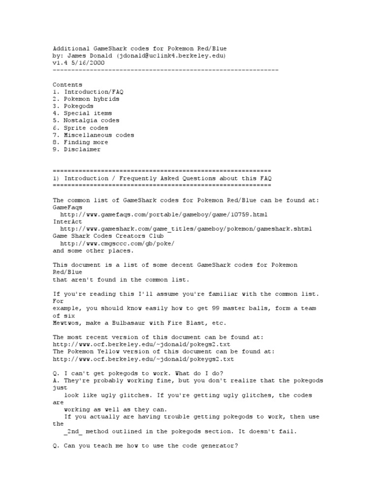Additional Rare GameShark Codes for Pokemon Red and Blue Revealed ...