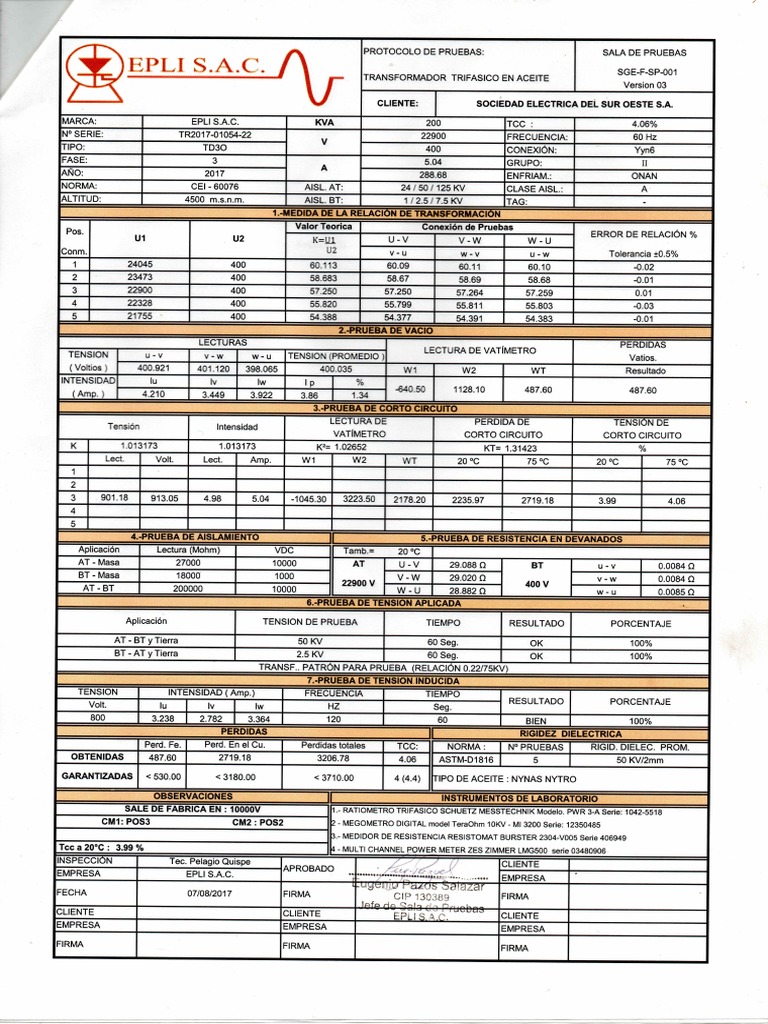 2.-Protocolo de Pruebas de Transformador | PDF