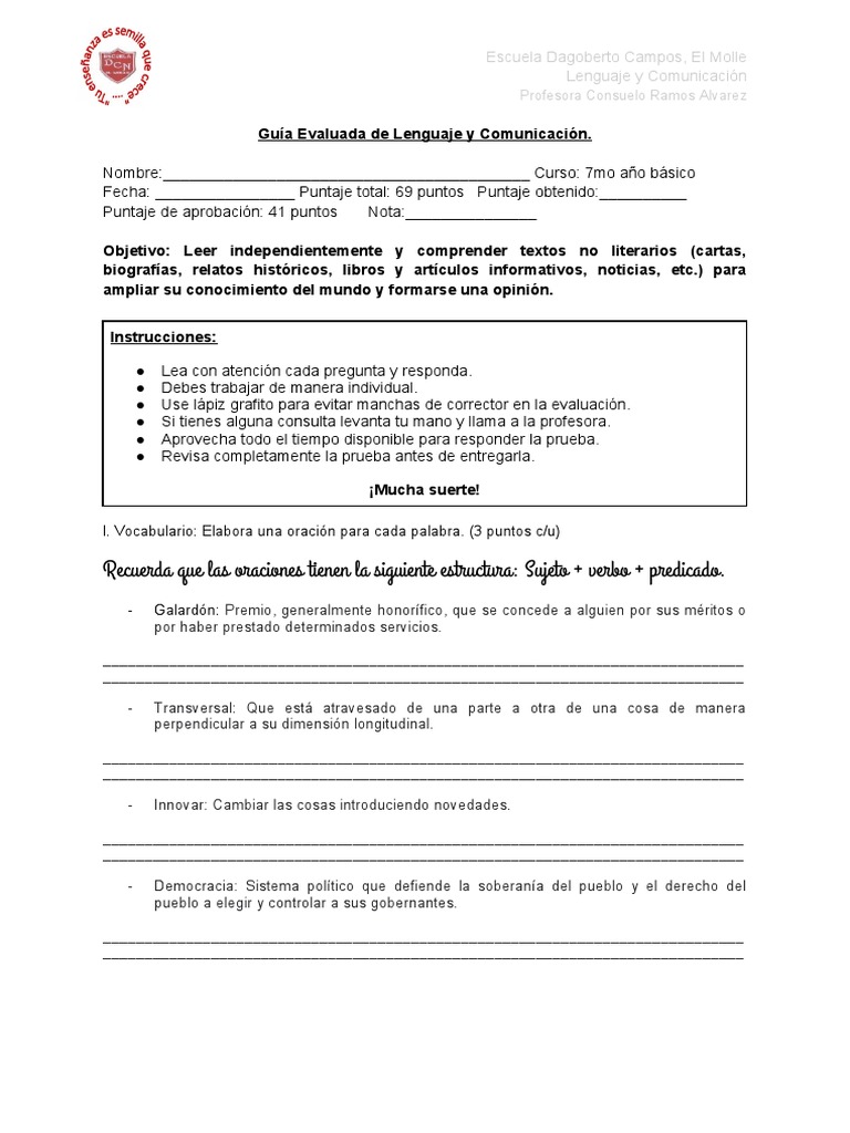 (Estudiante) 7mo Guía Evaluada de Lenguaje y Comunicación | PDF