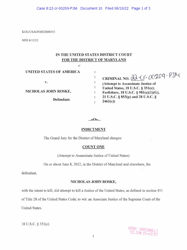 Nicholas John Roske Indictment | PDF | Finance & Money Management