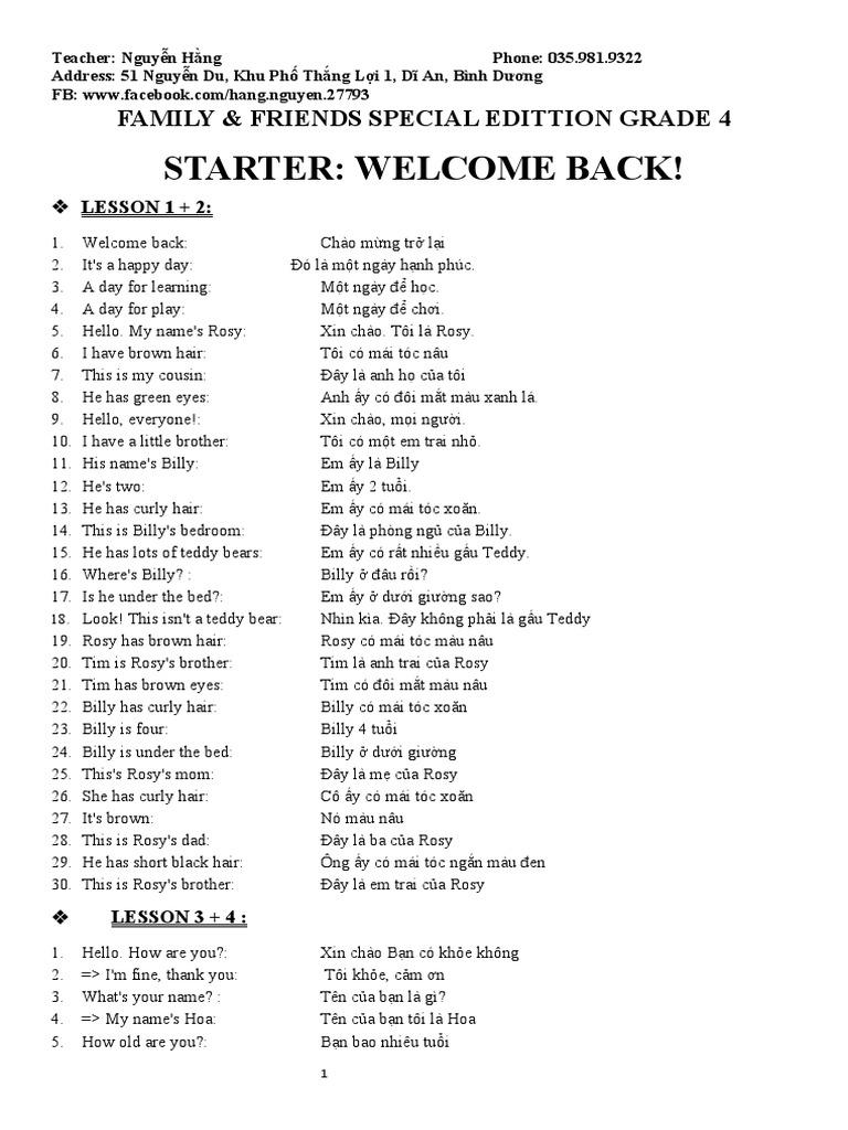 Starter: Welcome Back!: Family & Friends Special Edittion Grade 4 | PDF