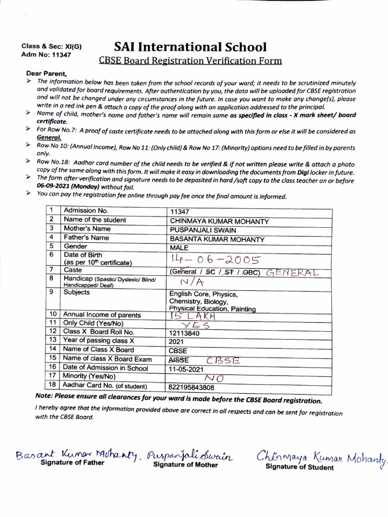 Class 11 Registration Form | PDF