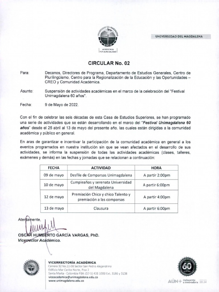 Circular Académica No 02 de 2022 | PDF