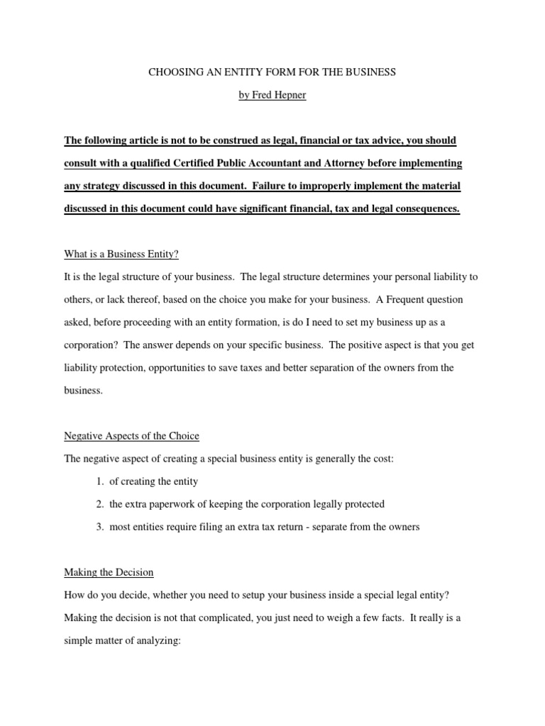 Choosing a Business Entity in Texas | PDF | Limited Liability Company ...