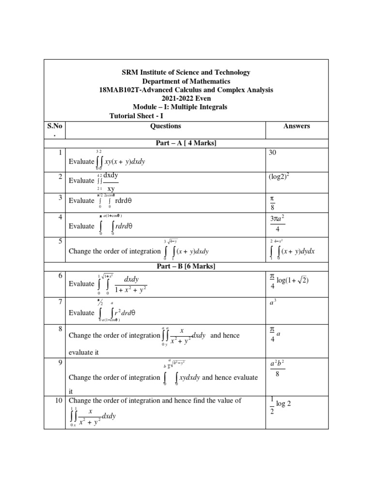 18MAB102T - Module I - Tutorial Sheet 1 | PDF | Integral | Analysis
