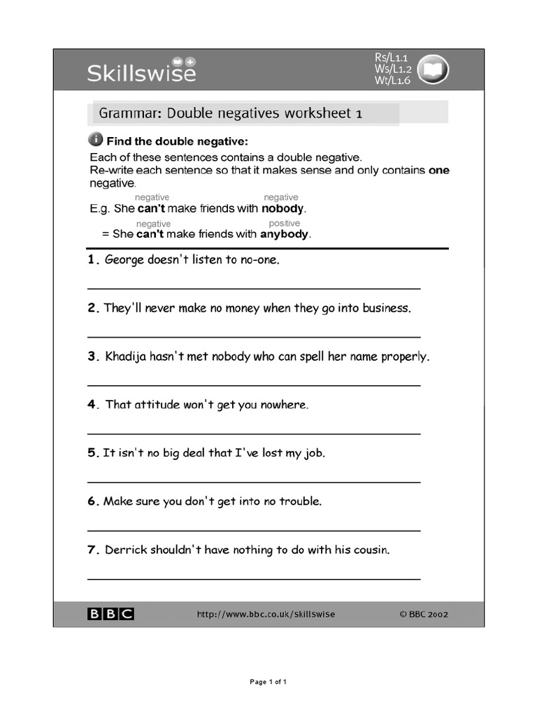 BBC Skillswise - Double Negatives - Worksheet 1 - Spot The Double ...