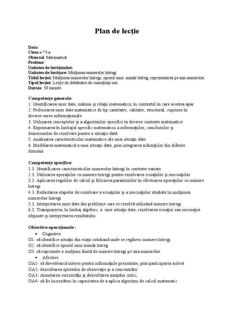 4.plan de Lectie Numere Intregi 1 | PDF