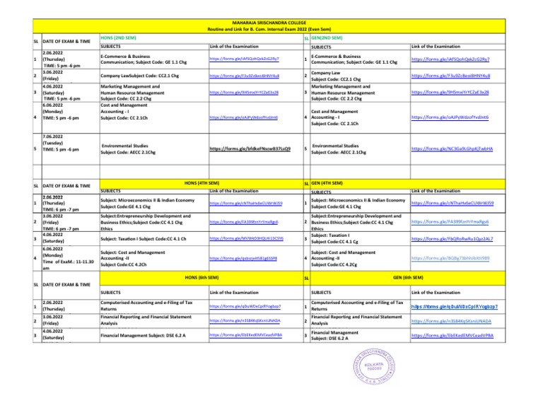 B. Com. Internal Exam Schedule and Links for Maharaja Srischandra ...