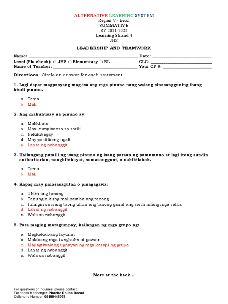 Module 3 Leadership and Teamwork Summative Answer Key | PDF