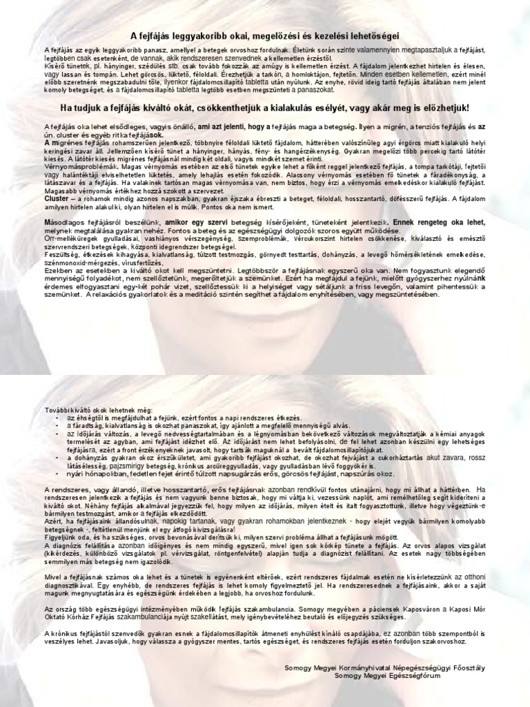 A fejfájás leggyakoribb okai, megelőzési és kezelési lehetőségei | PDF