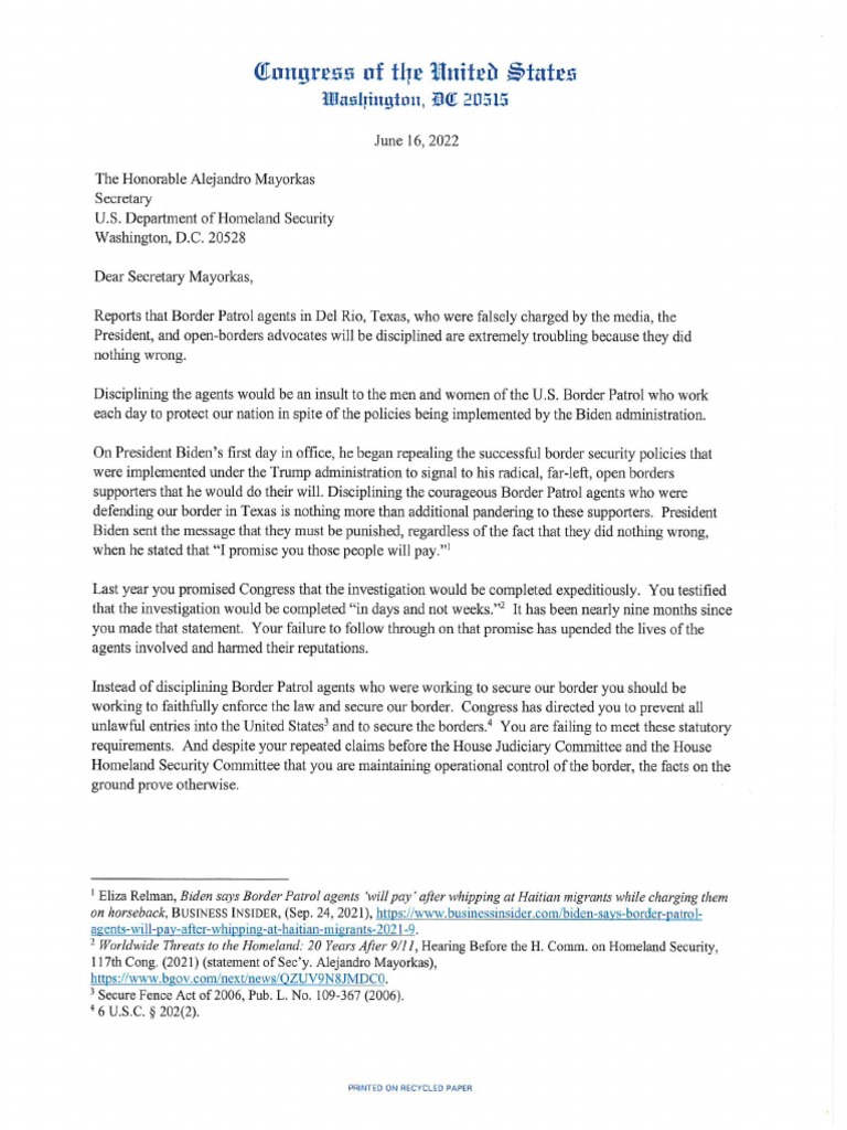 Letter To Secretary Mayorkas 6 16 2022 Pdf