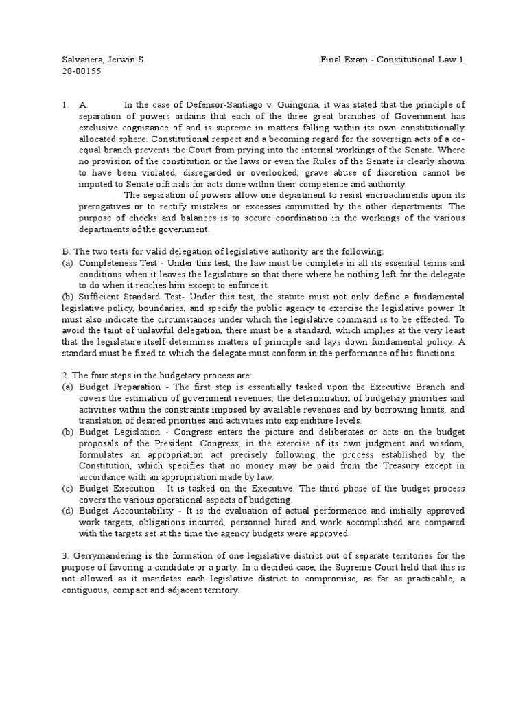 Final Exam Consti 1 - Salvanera, Jerwin S. 20-00155 | PDF | Pardon | Impeachment