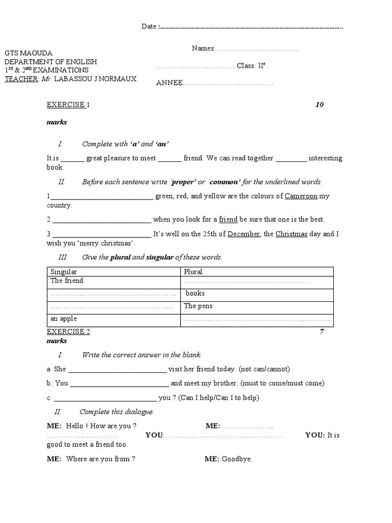 English Grammar Exercises for Class IIe | PDF
