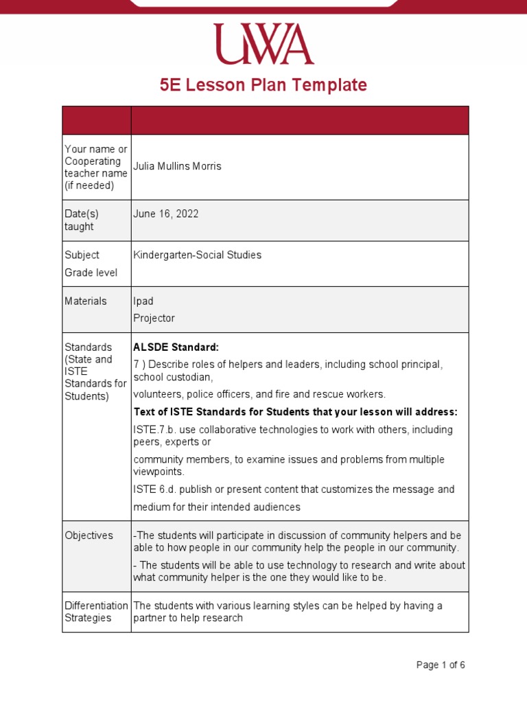 5E Lesson Plan Template: ALSDE Standard | PDF | Educational Psychology ...