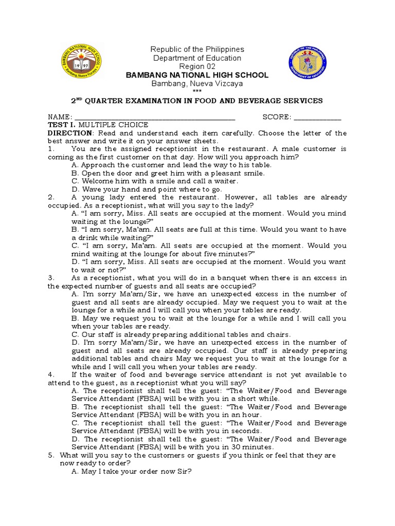 Second Quarter Test in Food and Beverage Services | PDF | Menu ...