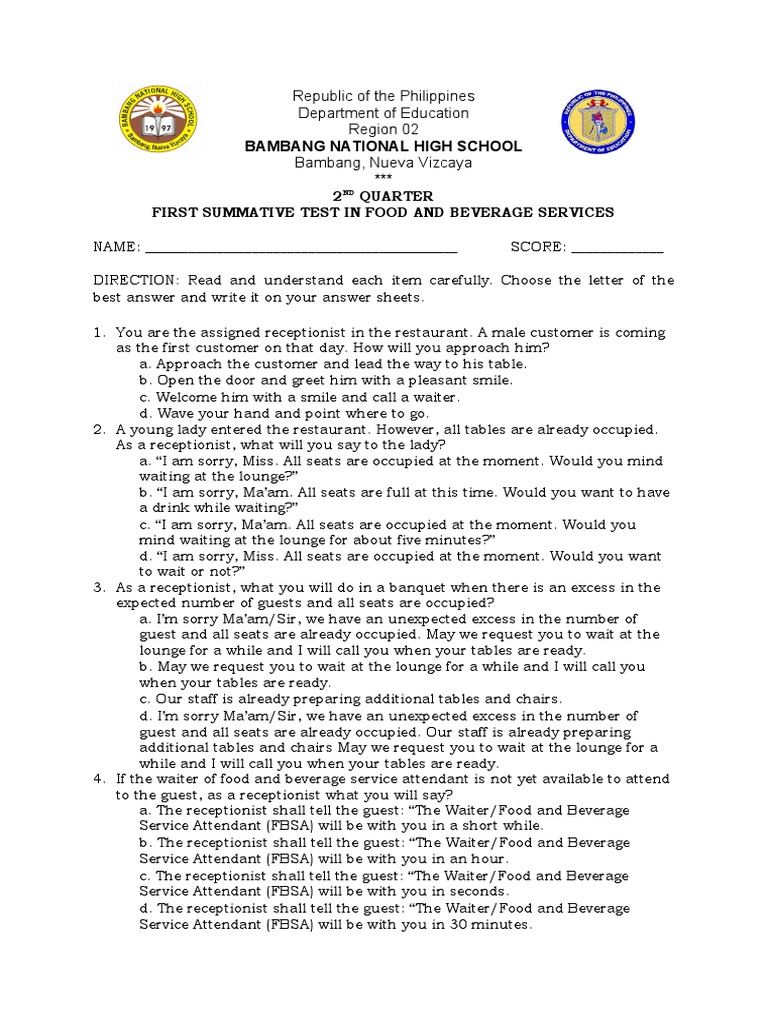 First Summative Test in Food and Beverage Services | PDF | Menu ...