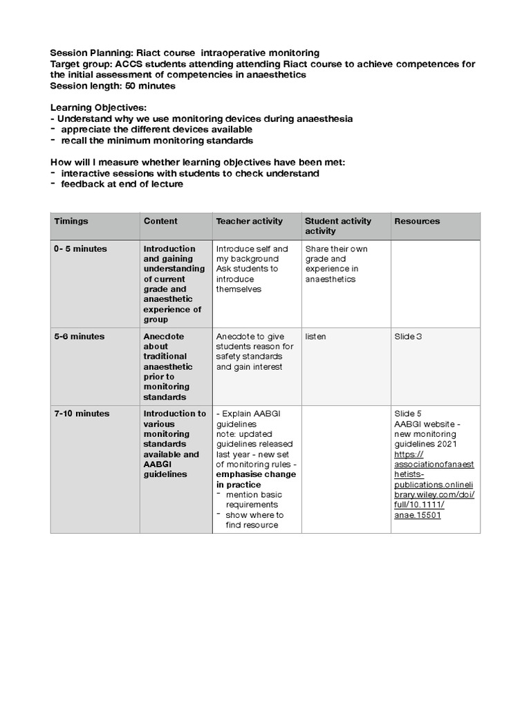 Teaching Plan | PDF | Anesthesia | Teachers