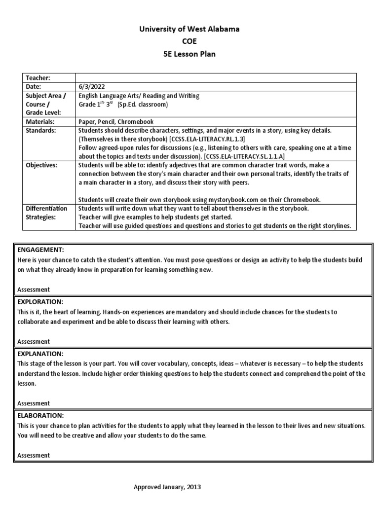 University of West Alabama COE 5E Lesson Plan: Teacher: Date: Subject ...