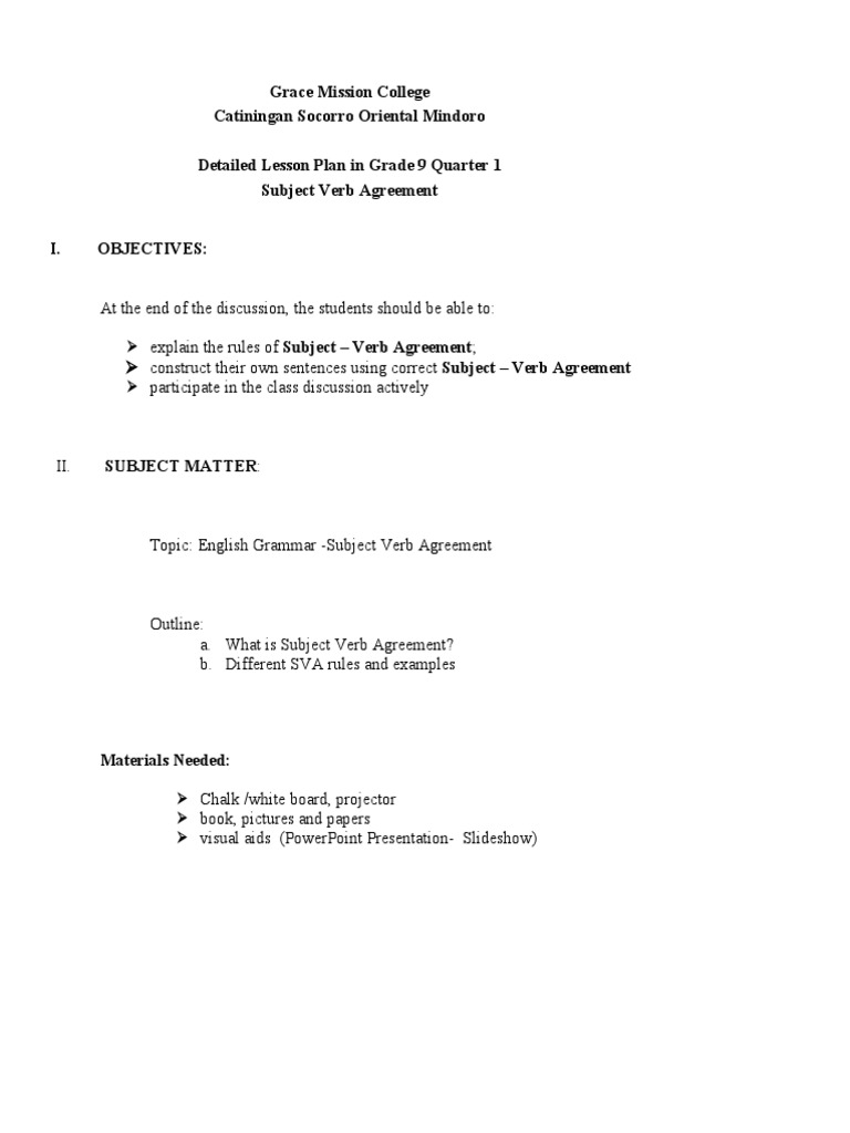 Subject-Verb Agreement Lesson Plan | PDF | Grammatical Number | Verb