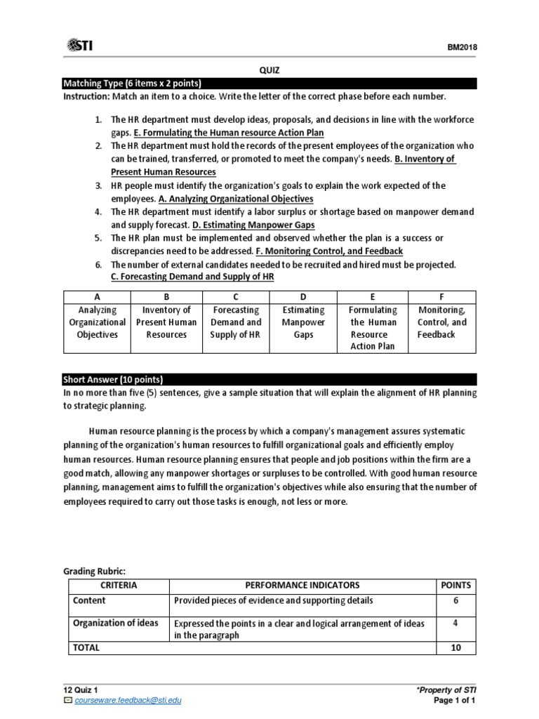 Matching Type (6 Items X 2 Points) : Courseware - Feedback@sti - Edu ...
