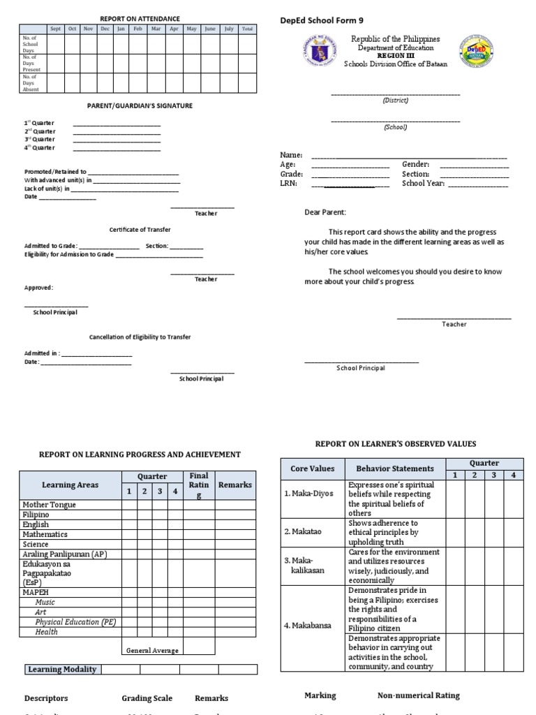Gr. 3 SF 9 ES Learners Progress Report Card | PDF | Learning | Behavior ...