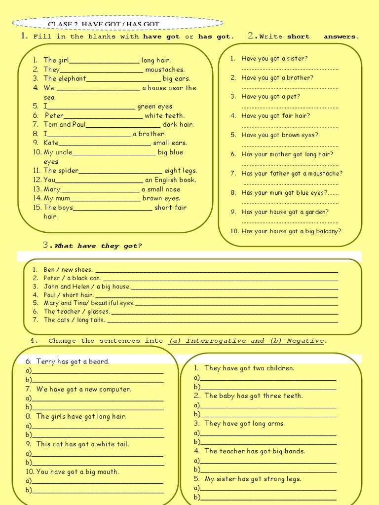 Fill in The Blanks With Have Got or Has Got. Write Short Answers. Clase ...