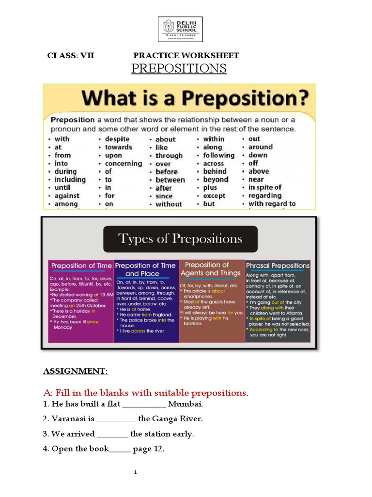 Prepositions For Class Vii | PDF