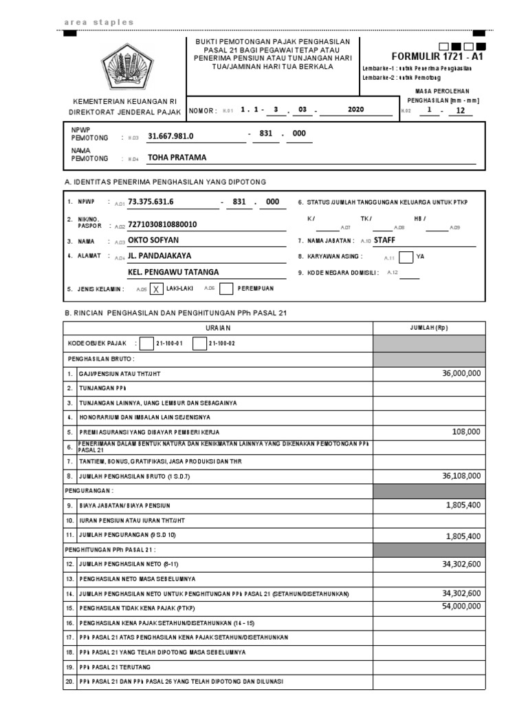 Formulir 1721-A1 PPh 21 2020 | PDF