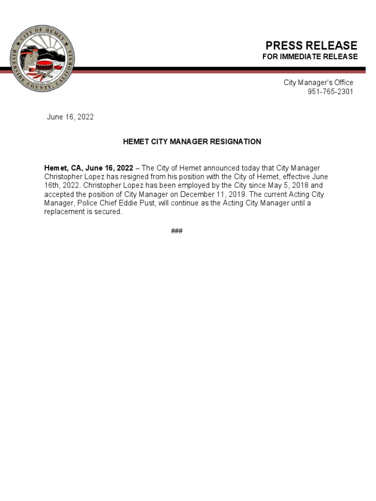 City of Hemet News Release | PDF