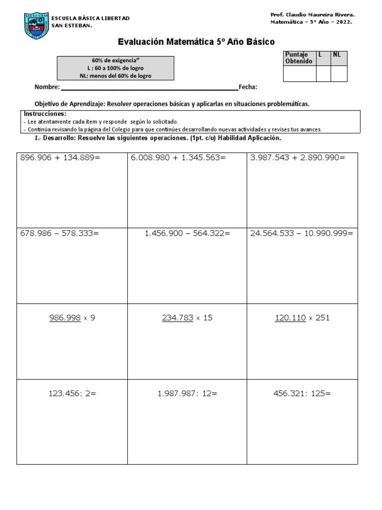 Eva. Unidad Multiplicacion y Division | PDF