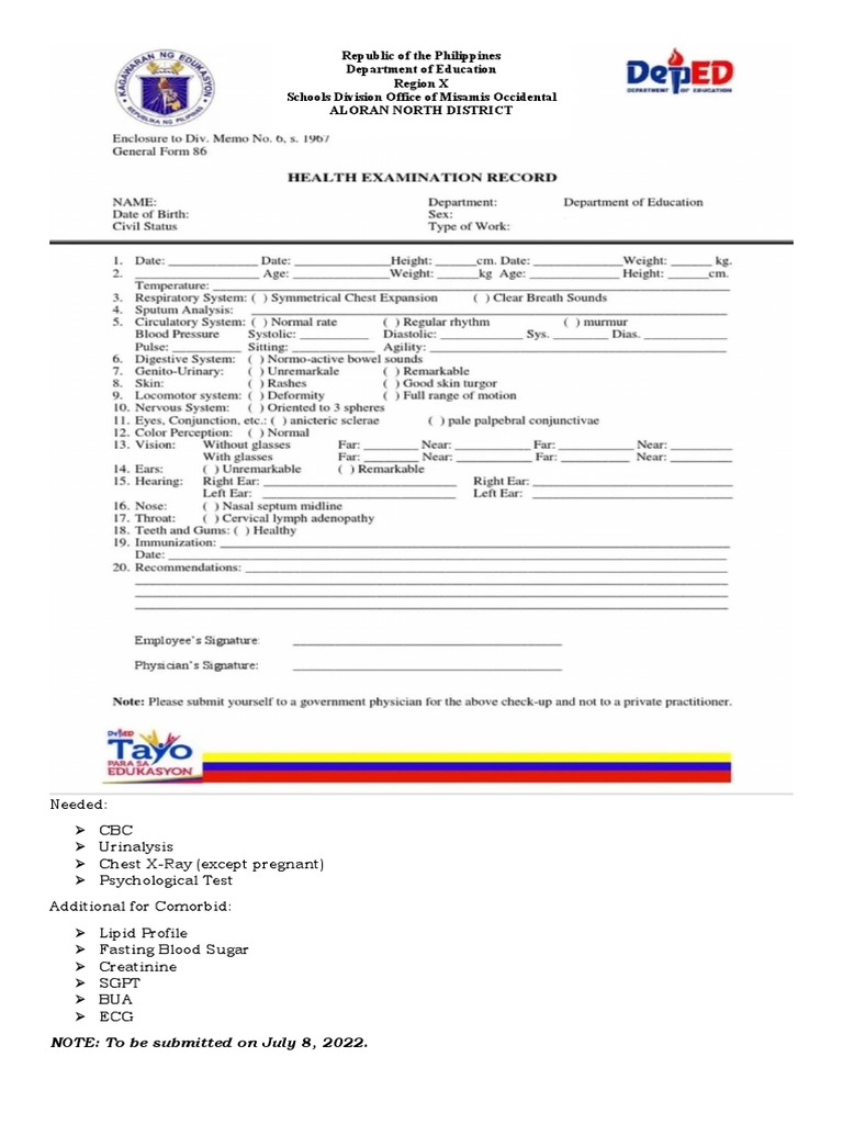 Required Medical Tests for Aloran North District | PDF