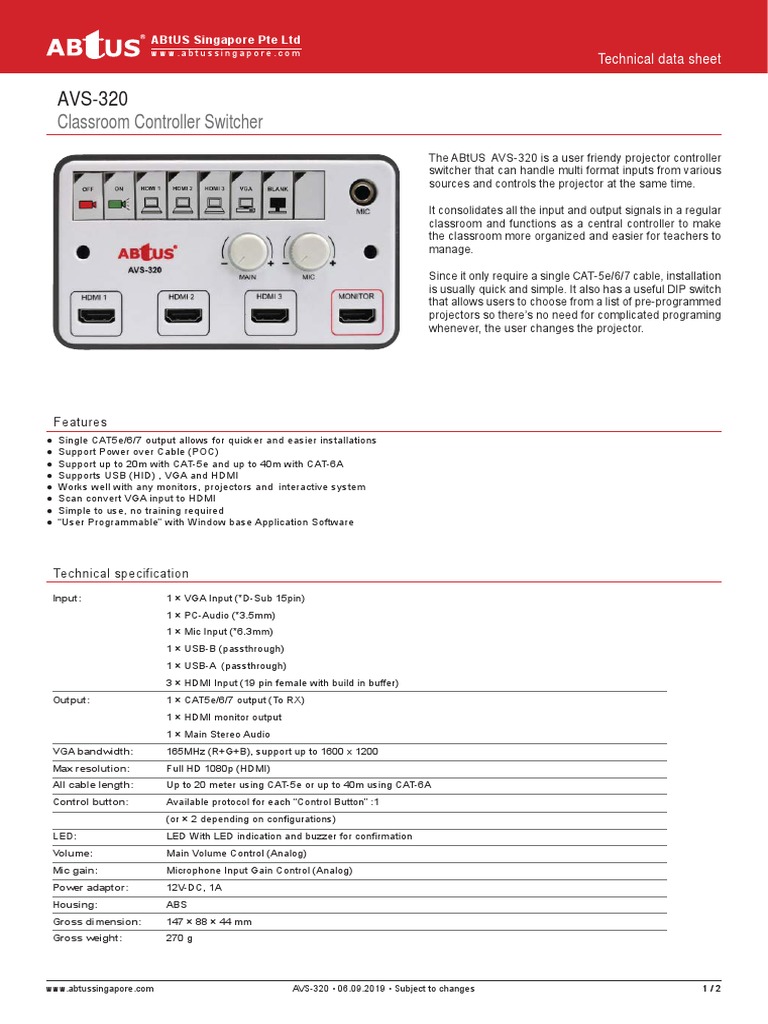 Classroom Controller Switcher: Technical Data Sheet | PDF | Hdmi | Usb