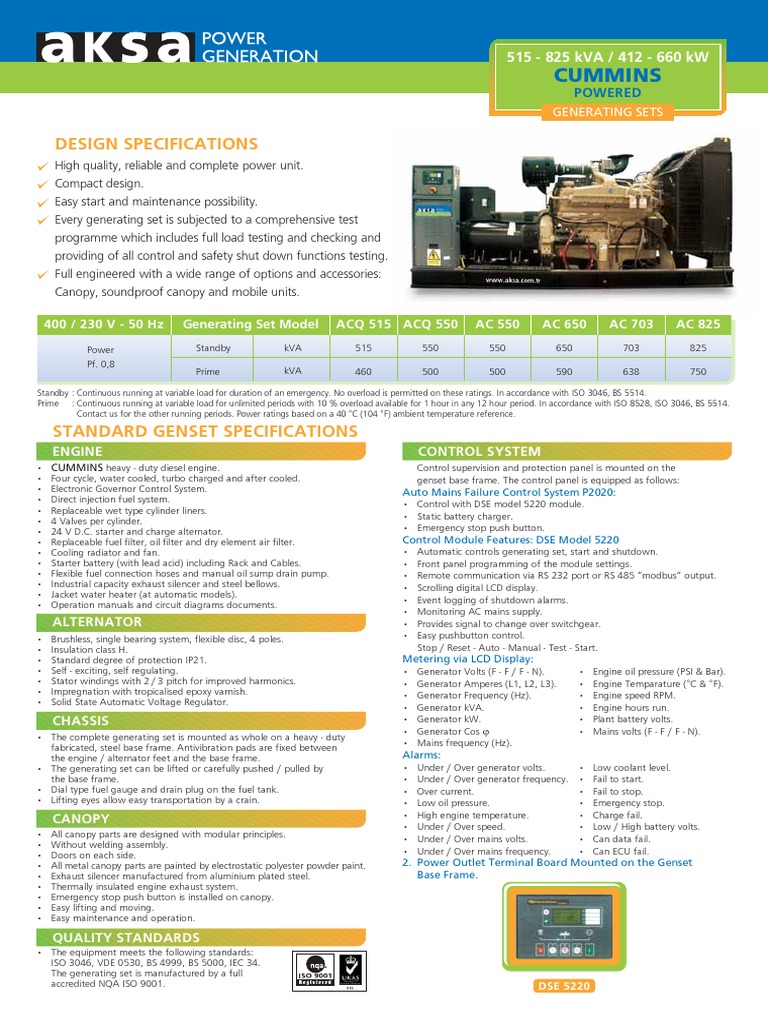 Design Specifications: Cummins | PDF | Diesel Engine | Electric Generator