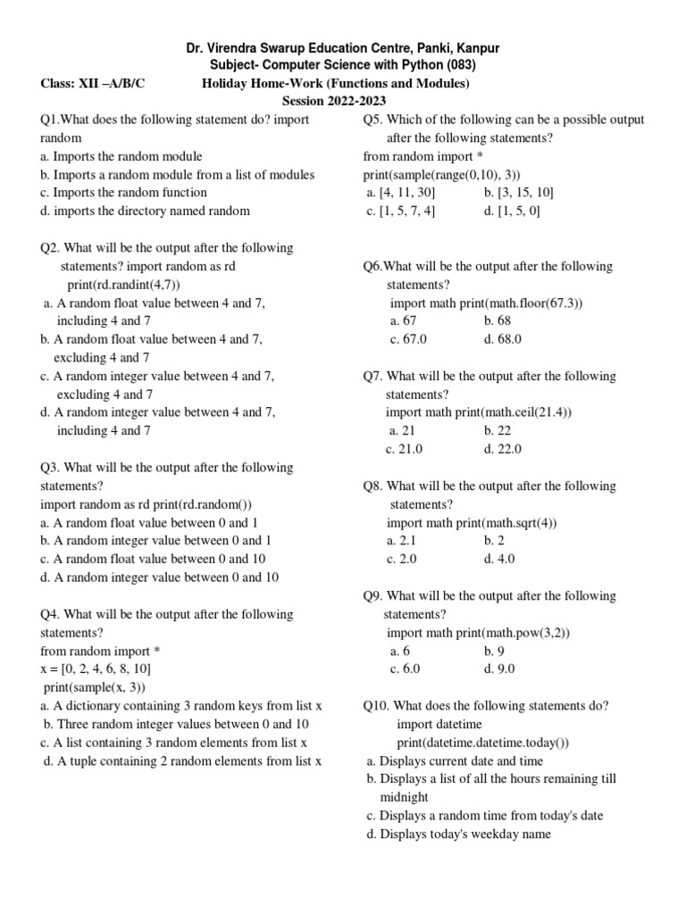 Holiday Homework (Class 12) | PDF | Parameter (Computer Programming ...
