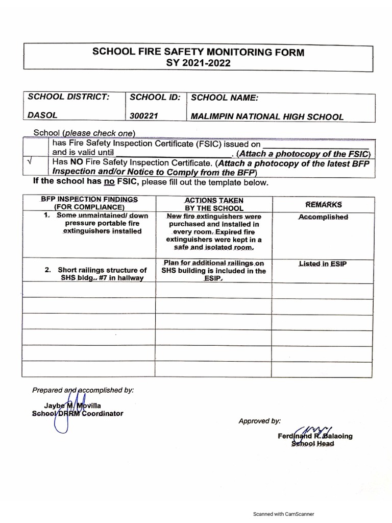School Fire Safety Monitoring Form | PDF