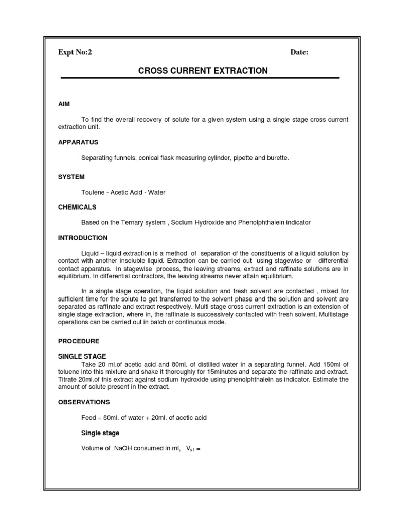 Expt No:2 Date:: Cross Current Extraction | PDF | Analytical Chemistry ...