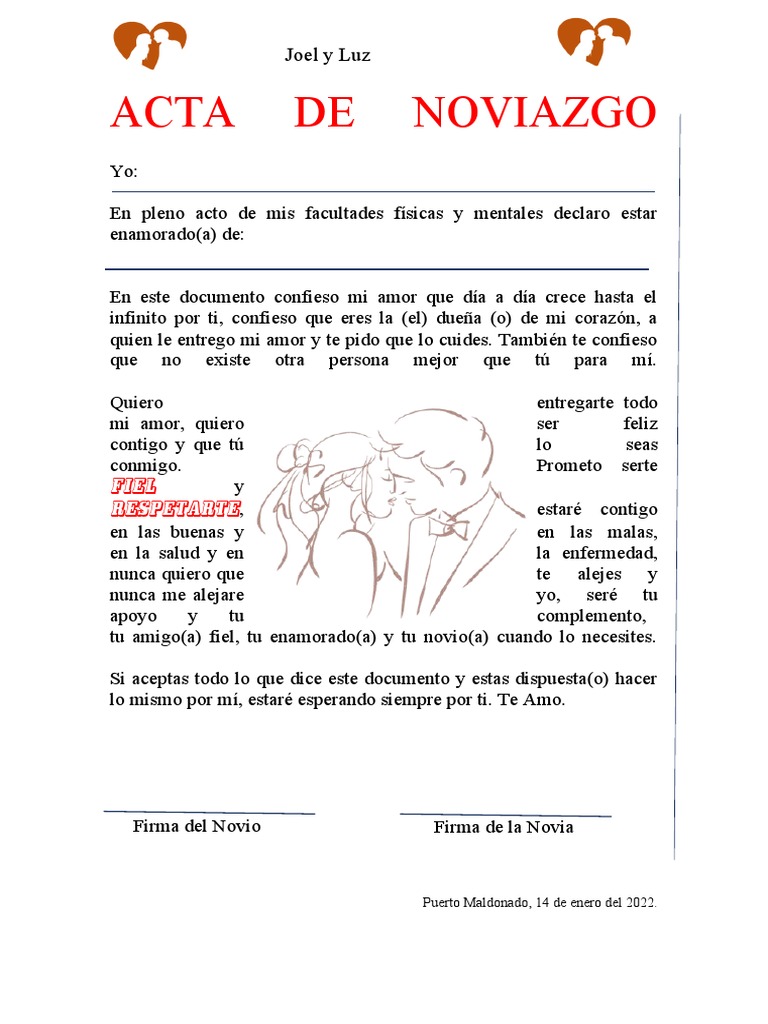 Acta de Noviazgo Joel y Luz | PDF | Relaciones personales, crianza y ...