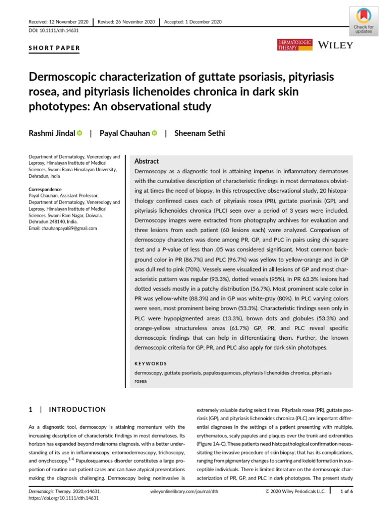 Dermoscopic Characterization of Guttate Psoriasis, Pityriasis Rosea ...