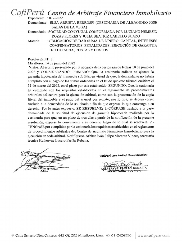Resolución No. 11 (Exp. 017-2022 CAFI PERU) | PDF
