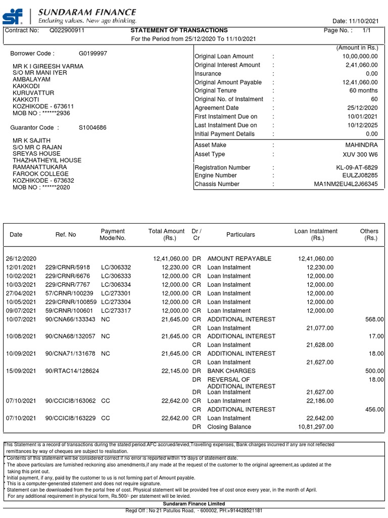 Statement of Transactions: Sundaram Finance Limited | PDF | Loans ...