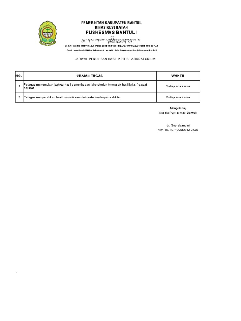 Jadwal Penulisan Hasil Kritis Lab Puskesmas Bantul I | PDF