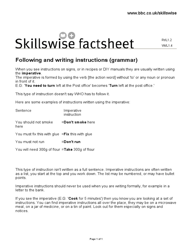 BBC Skillswise - Instructions - Factsheet 1 - Following and Writing ...