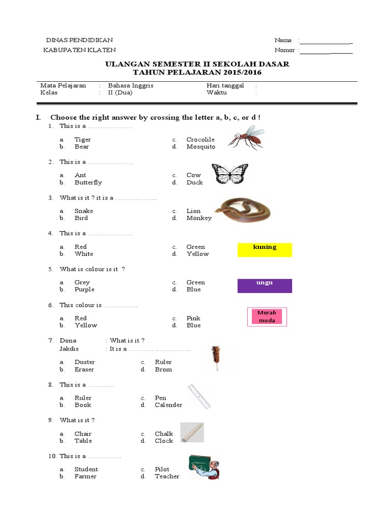 Soal Bahasa Inggris Kelas 2 | PDF | Rainbow | Color