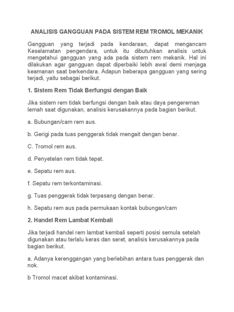 Analisis Gangguan Pada Sistem Rem Tromol Mekanik | PDF | Teknologi & Rekayasa