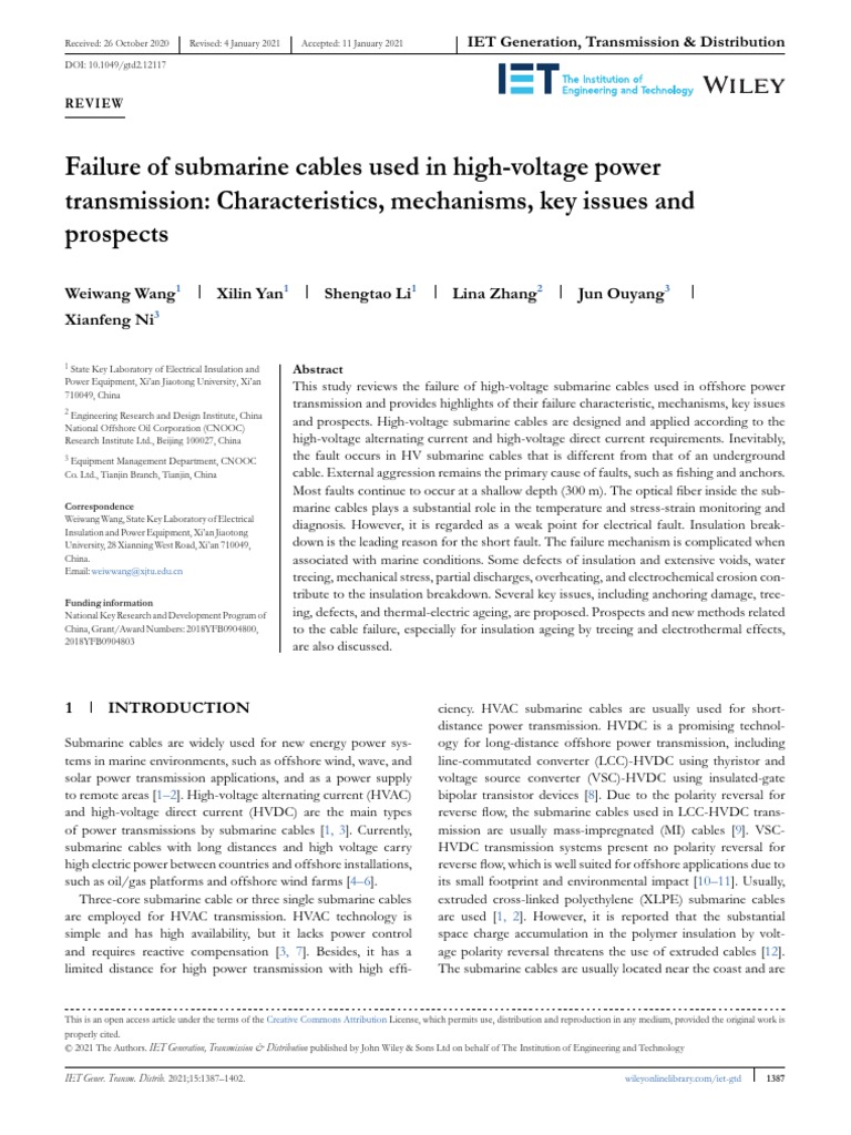 Failure of Submarine Cables Used in High-Voltage Power Transmission (D ...