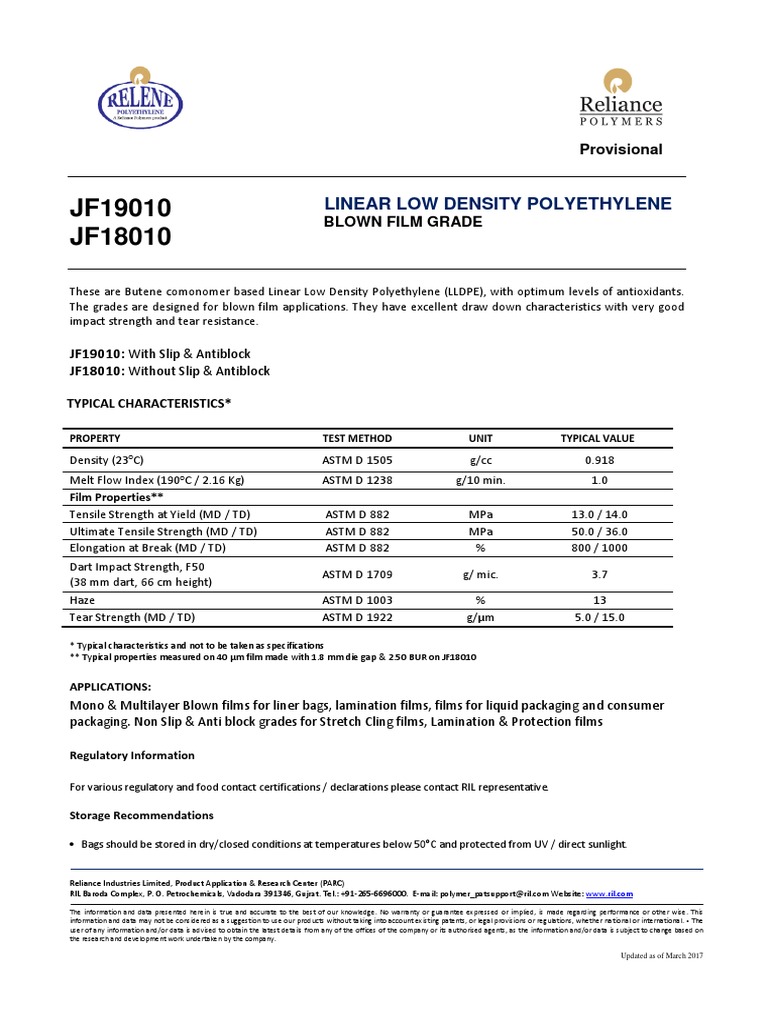 JF19010 JF18010: Linear Low Density Polyethylene | PDF | Polyethylene | Density