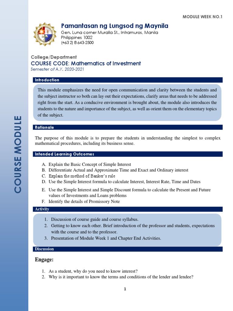 Course Module 1 Mathematics of Investment | PDF | Interest | Interest Rates