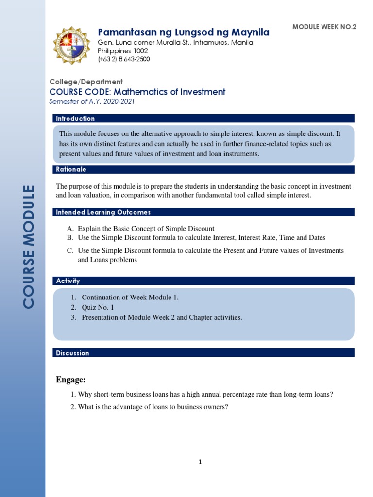 Course Module 2 Mathematics of Investment | PDF | Loans | Interest