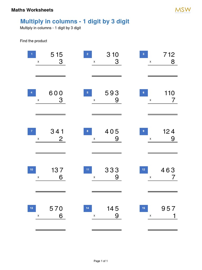 Multiply in Columns - 1 Digit by 3 Digit: Maths Worksheets | PDF